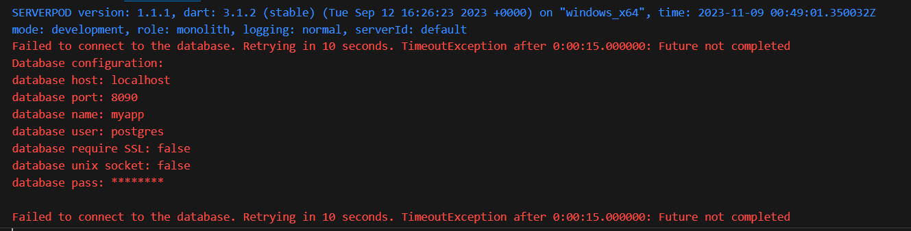 Failed to connect to the database. Retrying in 10 seconds. TimeoutException after 0:00:15.000000 ...