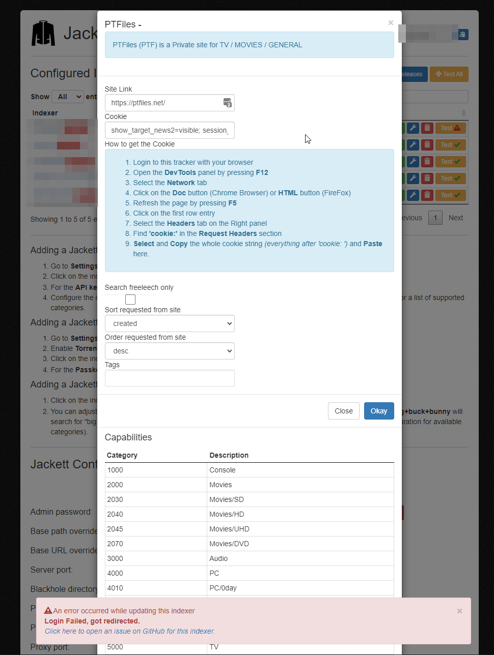 [ptfiles] (updating) Login Failed, got redirected. · Issue #13814 · Jackett/Jackett · GitHub