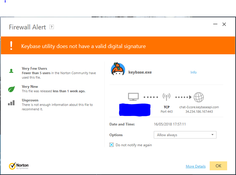 Firewall flagging keybase "does not have a valid digital signature ...