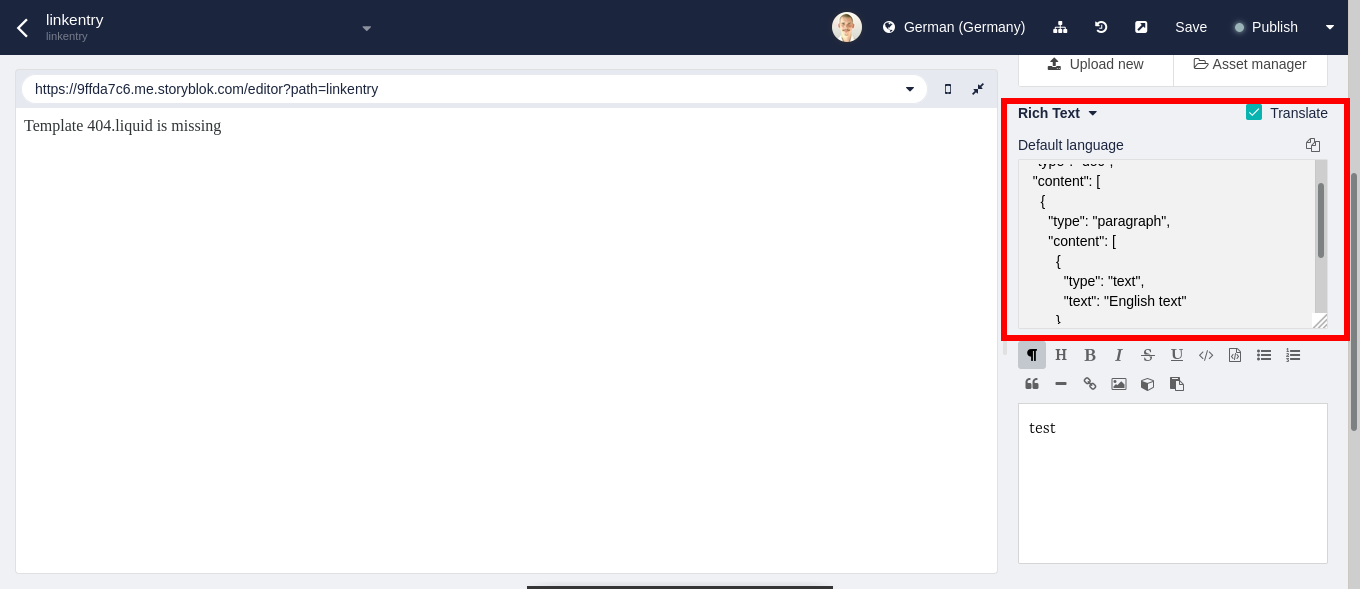 change the JSON view of the default language on the top of the rich ...