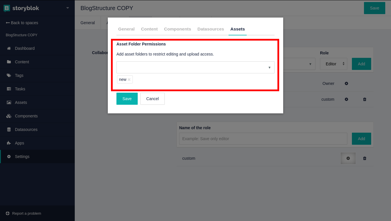 add function which allows to deactivate upload access too all asset folders in custom user roles ...