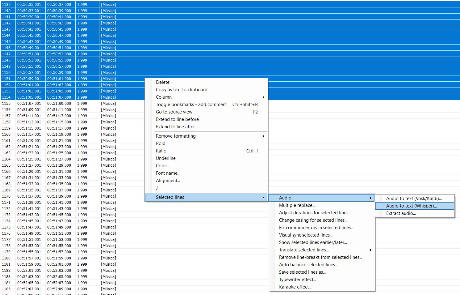 Redoing individual selected lines with Whisper can result in thousands of empty lines · Issue ...