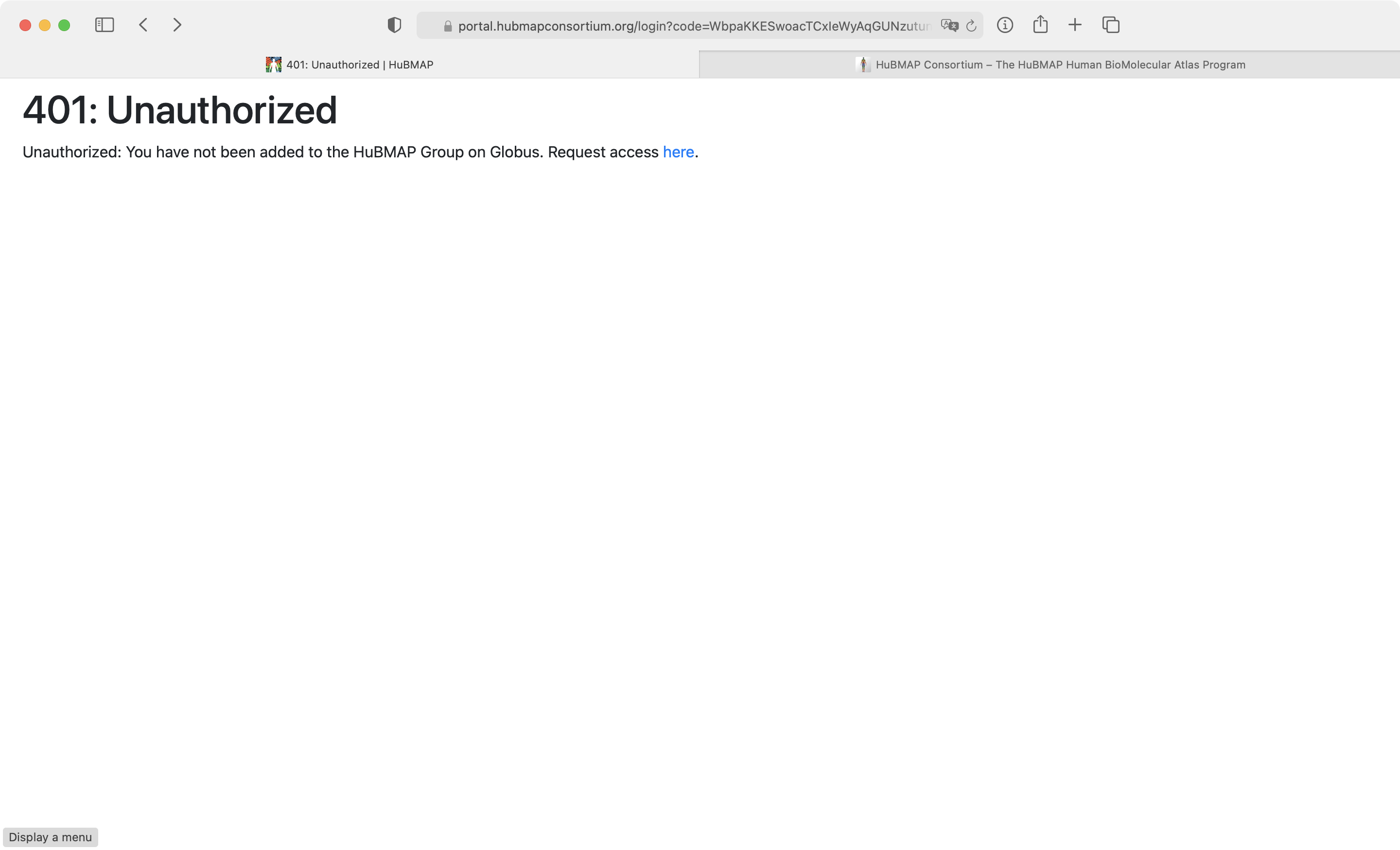 styling of 401 error page that shows up when user has Globus account but is not HuBMAP member ...
