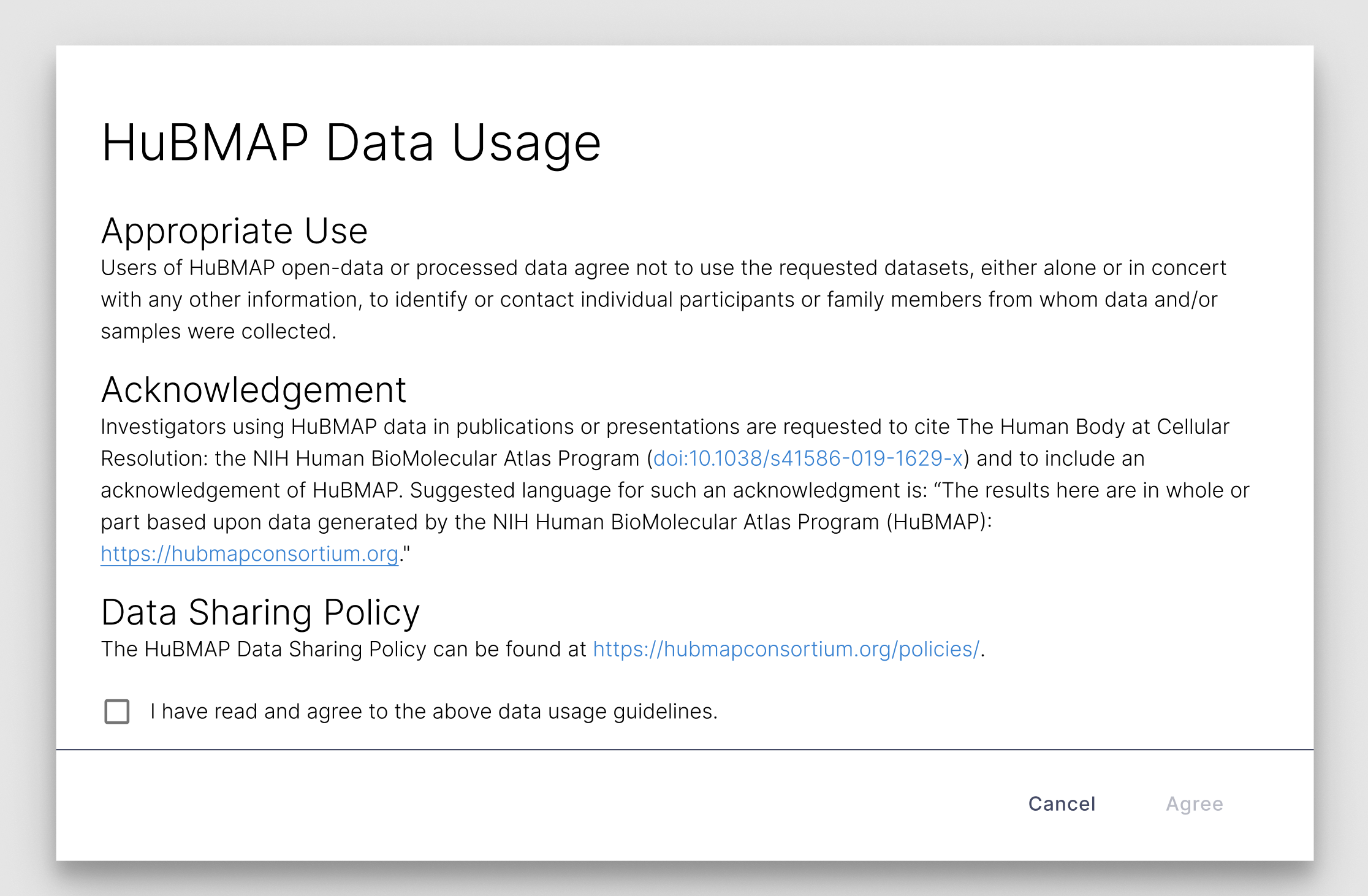 UI mockup for data usage click-through · Issue #637 · hubmapconsortium/portal-ui · GitHub
