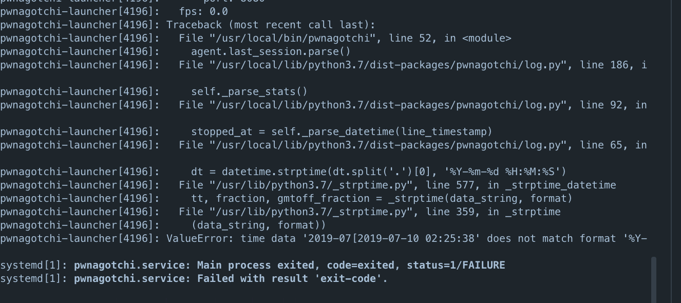 [BUG] ValueError: time data ... does not match format · Issue #321 · evilsocket/pwnagotchi · GitHub