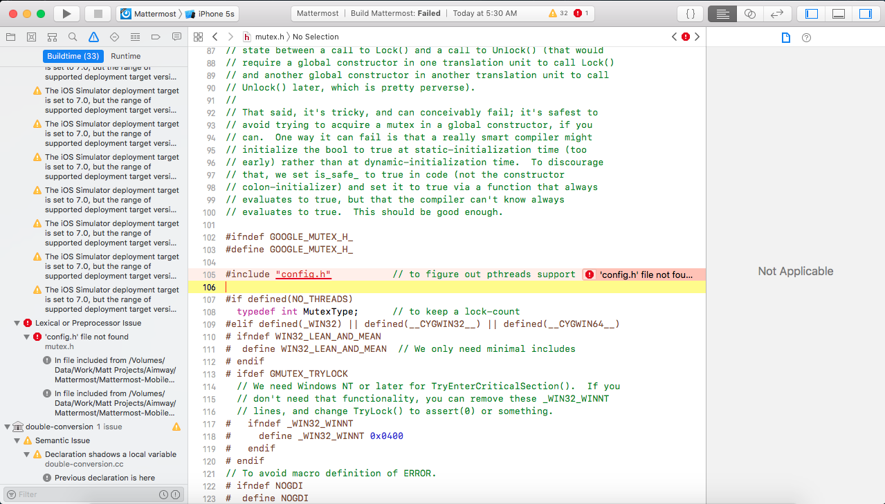 Error in mutex.h file: Config.h file not found Xcode 10.1 · Issue #2546 · mattermost/mattermost ...