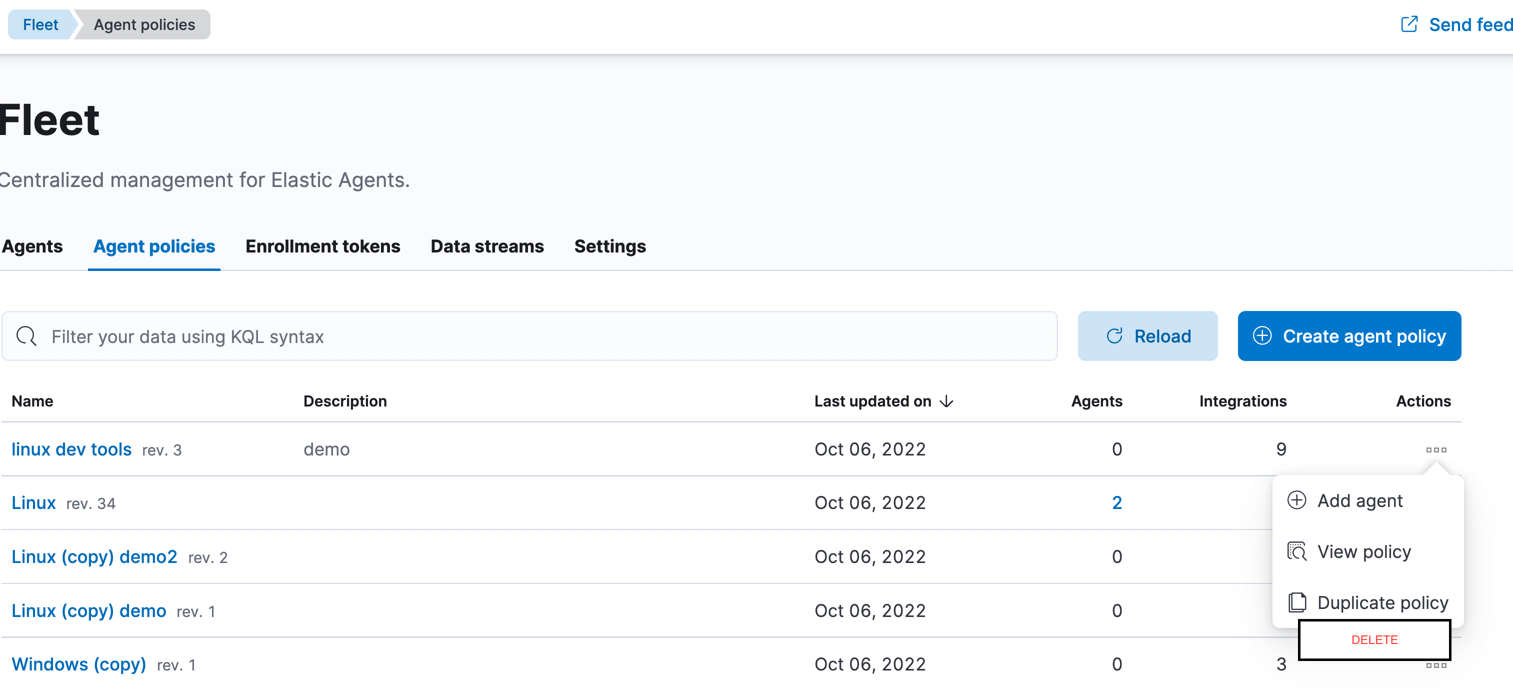[Fleet] Delete Agent Policies should be part of the three dot collapsable menu · Issue #142836 ...