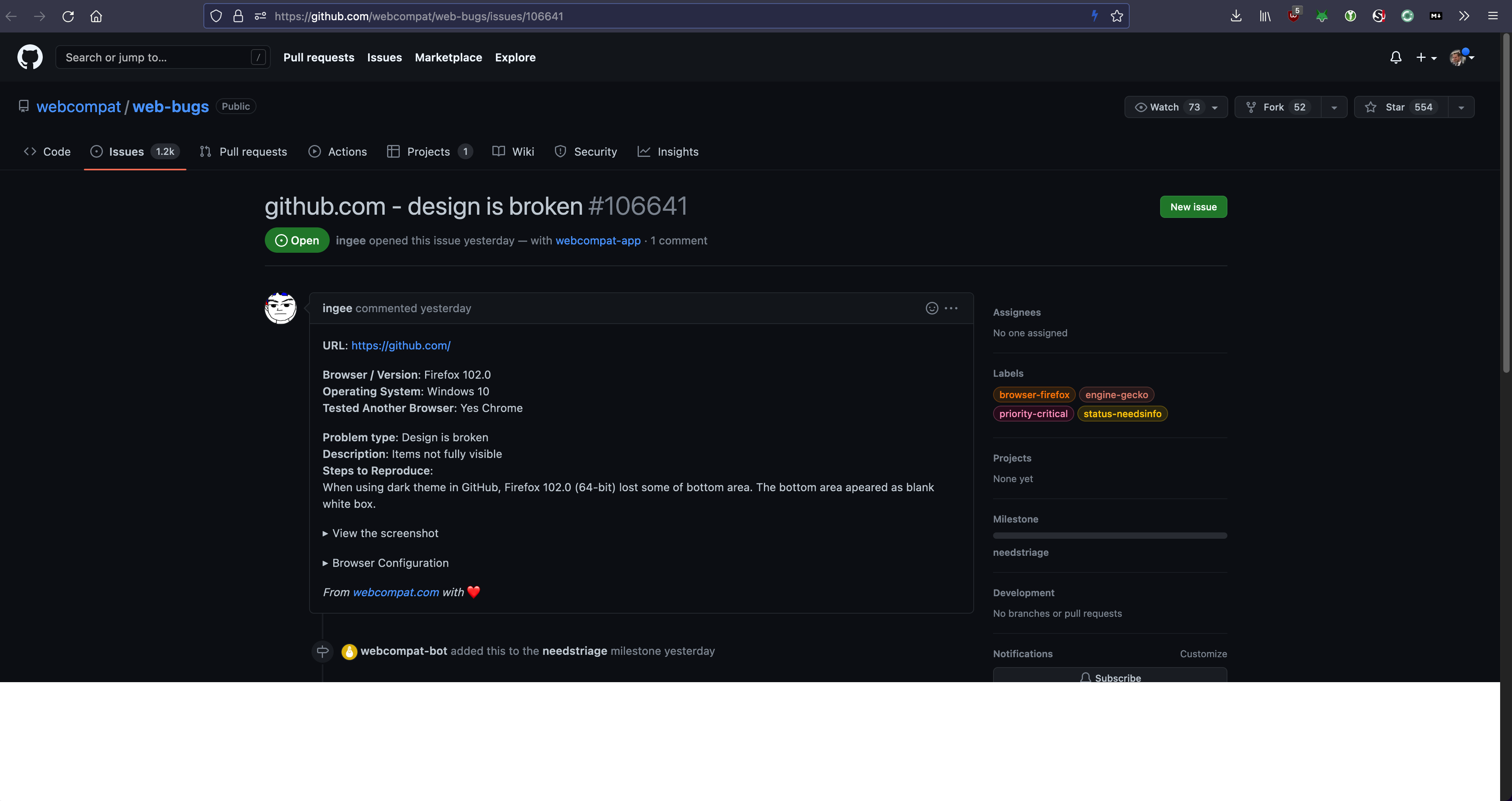 github.com - design is broken · Issue #106641 · webcompat/web-bugs · GitHub