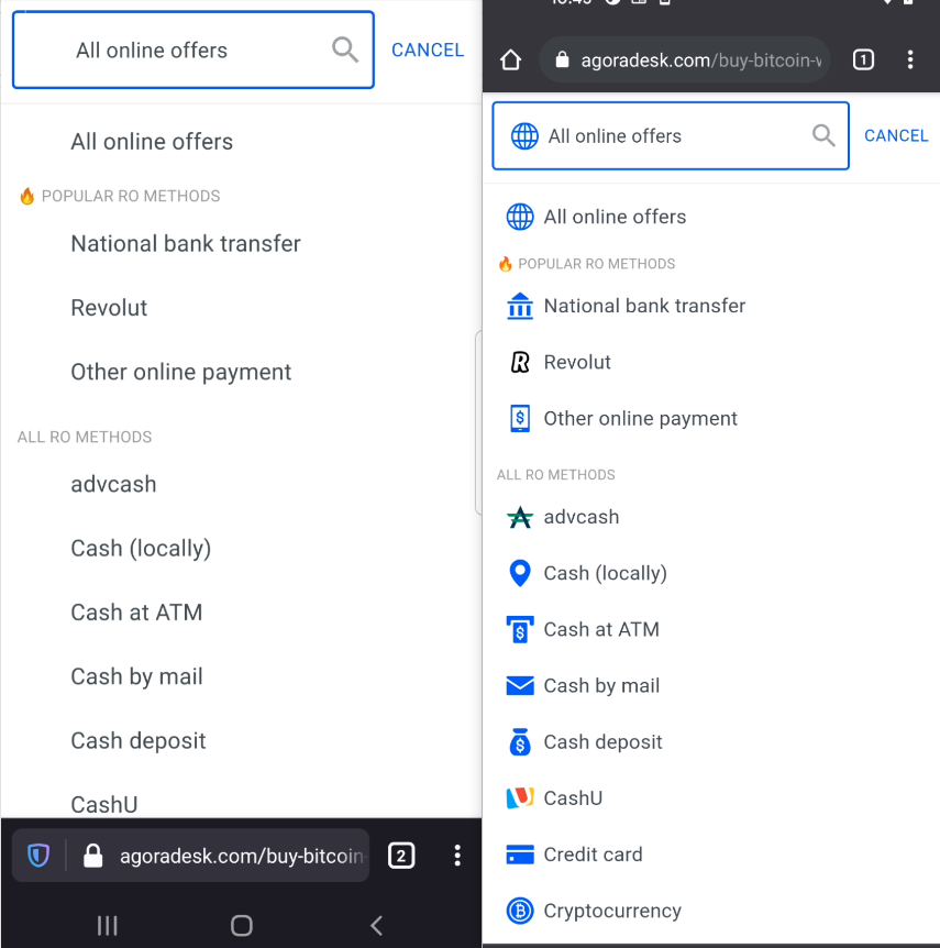 agoradesk.com - Missing icons for options in "All online offers" page ...