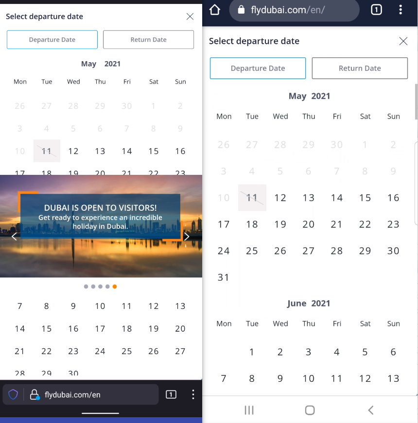 www.flydubai.com - Sliding images overlaps the date picker popup ...