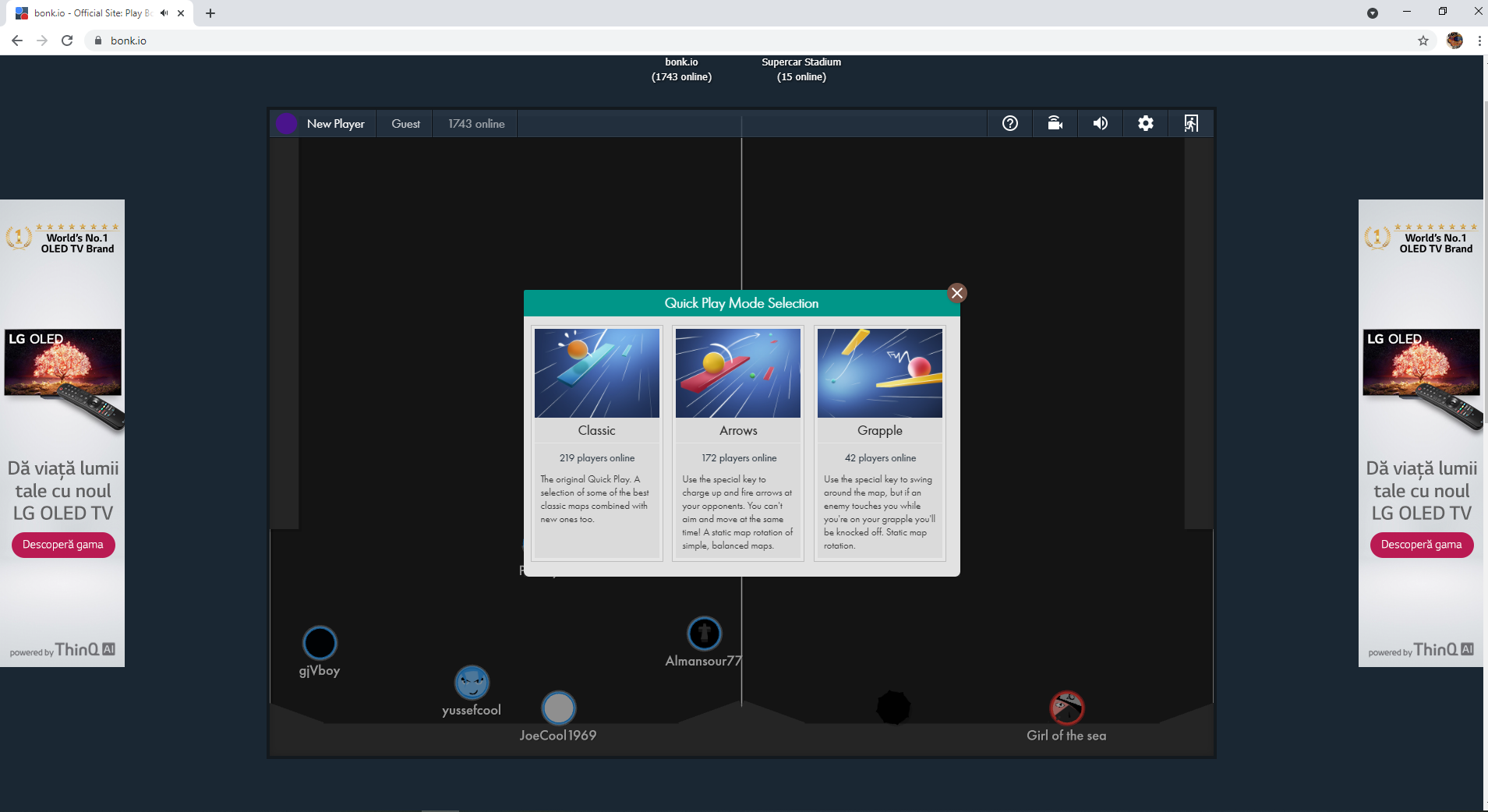 bonk.io - "Quick Play Mode Selection" menu is not fully visible ...
