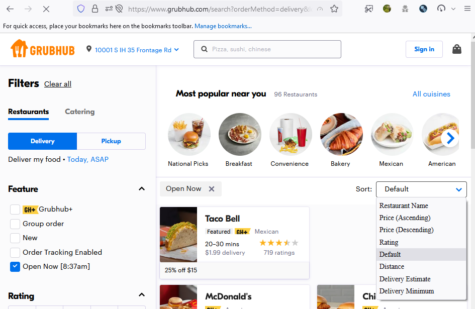 www.grubhub.com - Incorrect text font displayed for the "Sort" drop ...