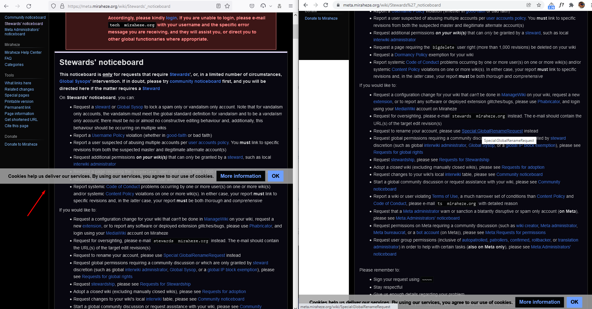 meta.miraheze.org - "Cookie permission" message no longer keeps its ...