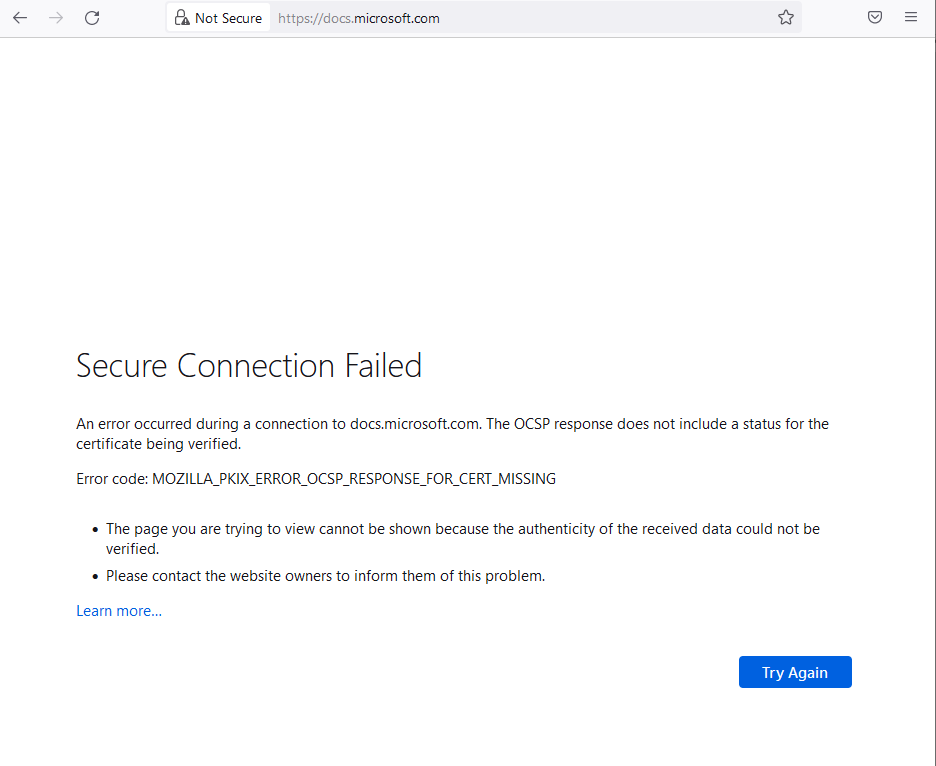 docs.microsoft.com - "Secure connection failed" when accessing the site · Issue #96337 ...