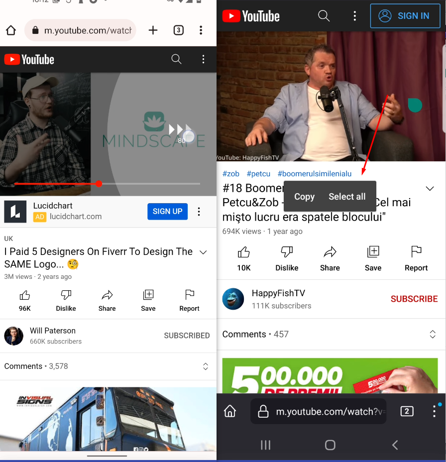 m.youtube.com - Context menu becomes displayed when fast tapping to ...