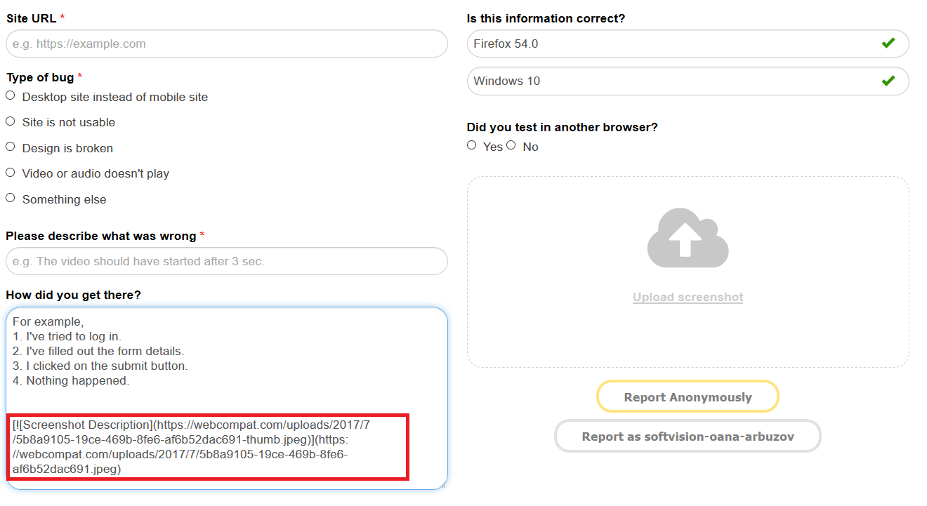 Photo link remains displayed in “Give more details” text area when removing the uploaded image ...
