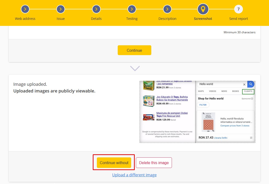 “Continue without” button available even if screenshot is uploaded · Issue #3110 · webcompat ...