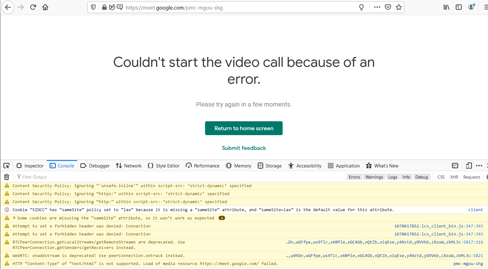 meet.google.com - Video meeting closes with error after a few seconds ...