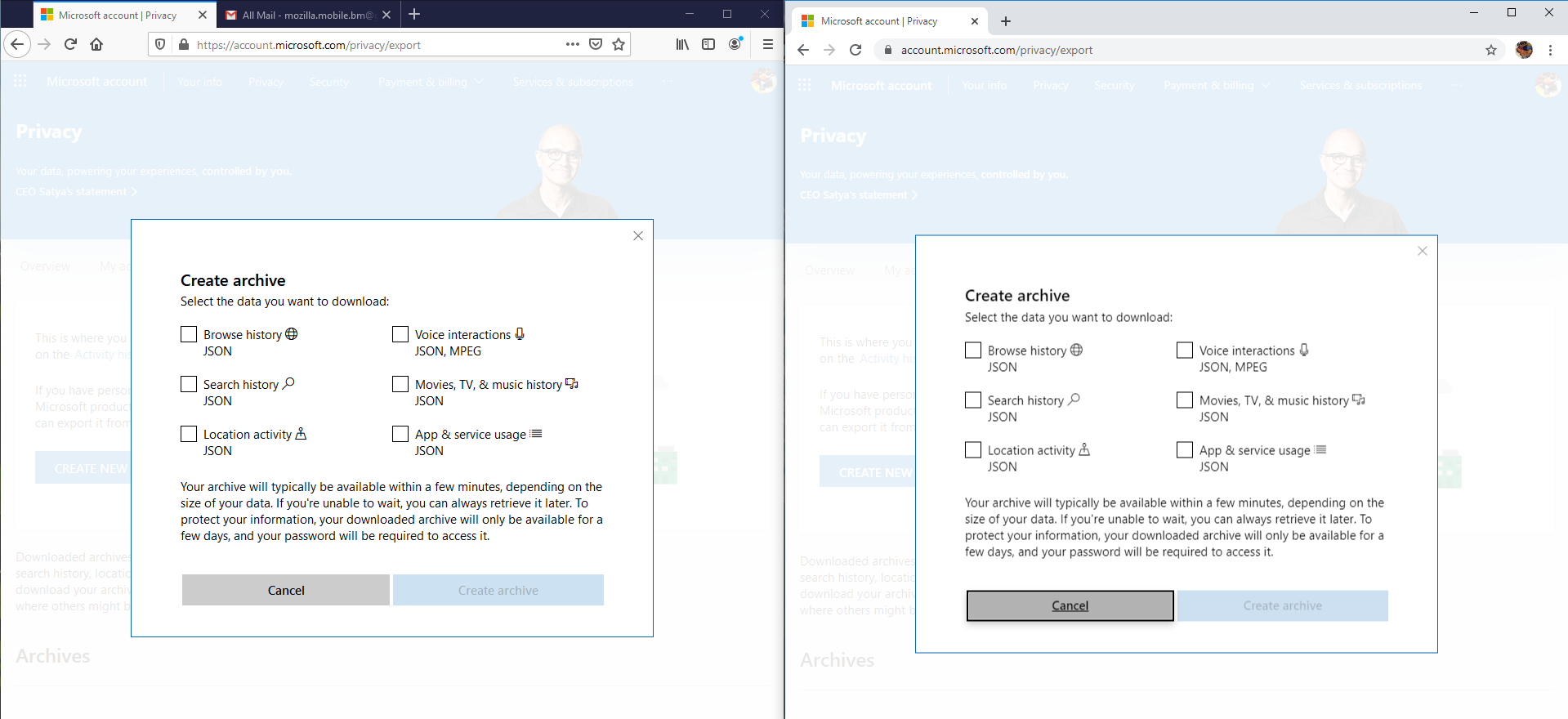 account.microsoft.com - “Create archive” window content is displayed ...