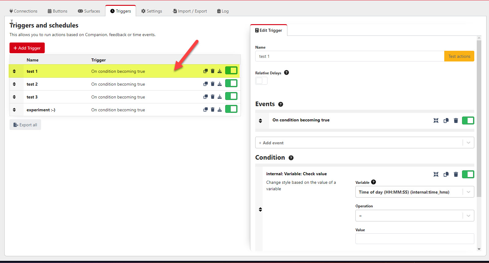 Highlight a selection in Triggers / Connections · Issue #2541 · bitfocus/companion · GitHub