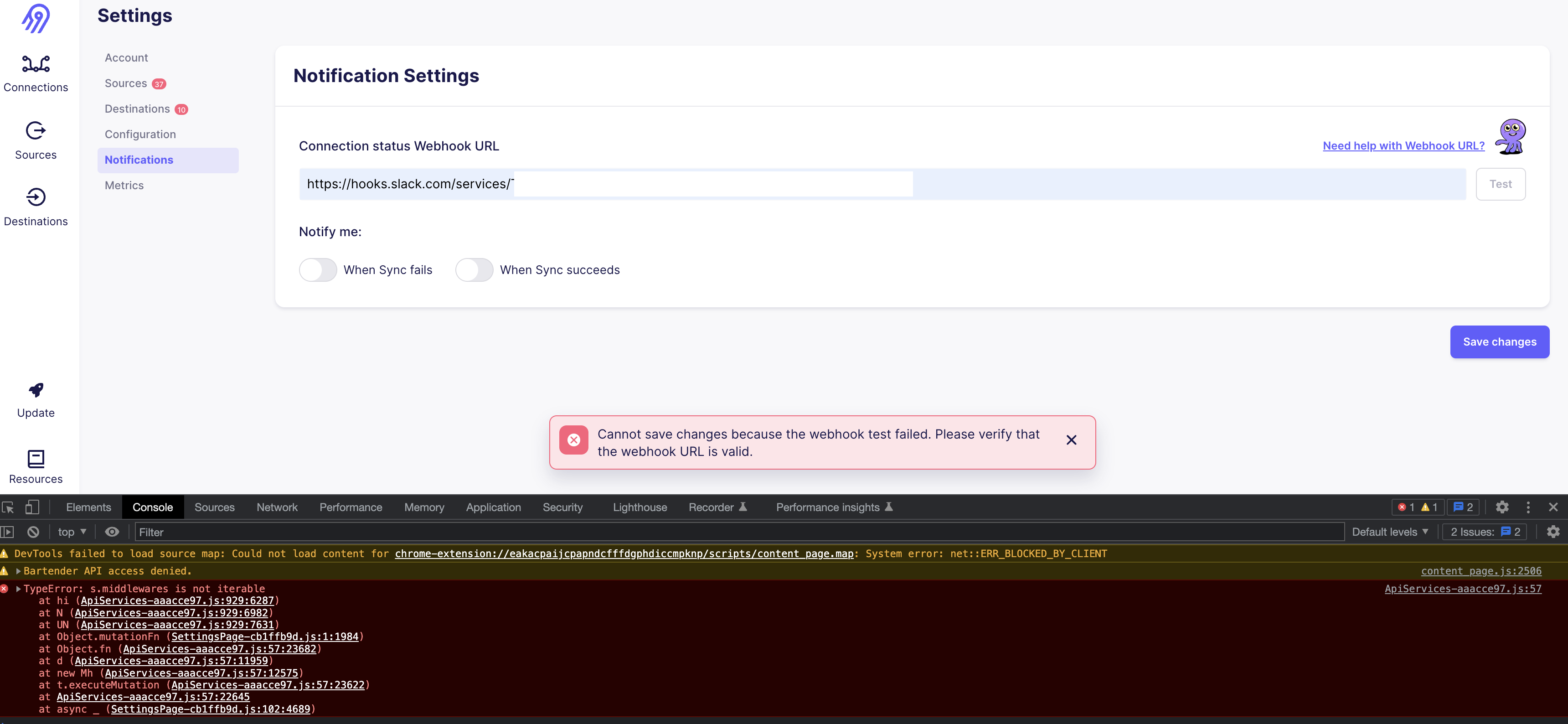 Cannot save changes because the webhook test failed. Please verify that ...