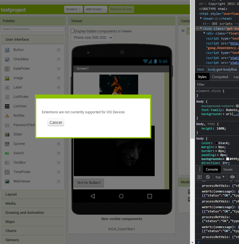 Provide warning regarding extensions for iOS companion · Issue #2836 · mit-cml/appinventor ...