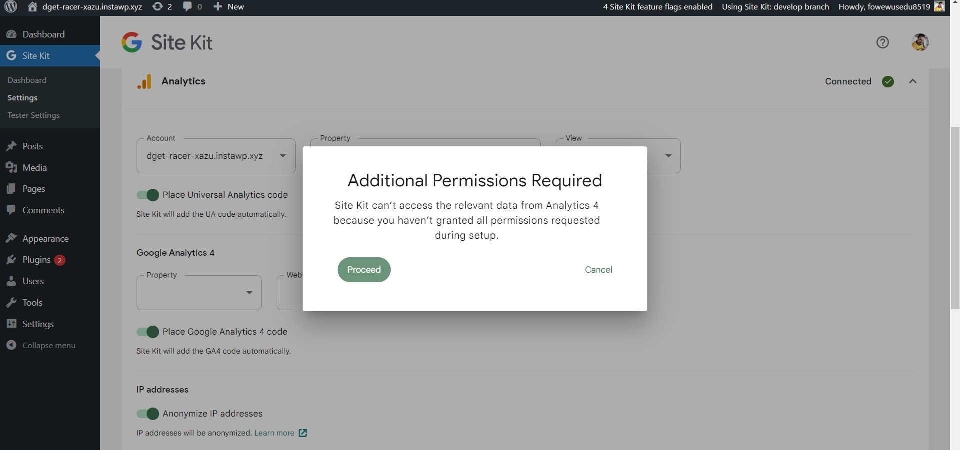 Additional permissions popup appears over the 'Site Kit Needs ...