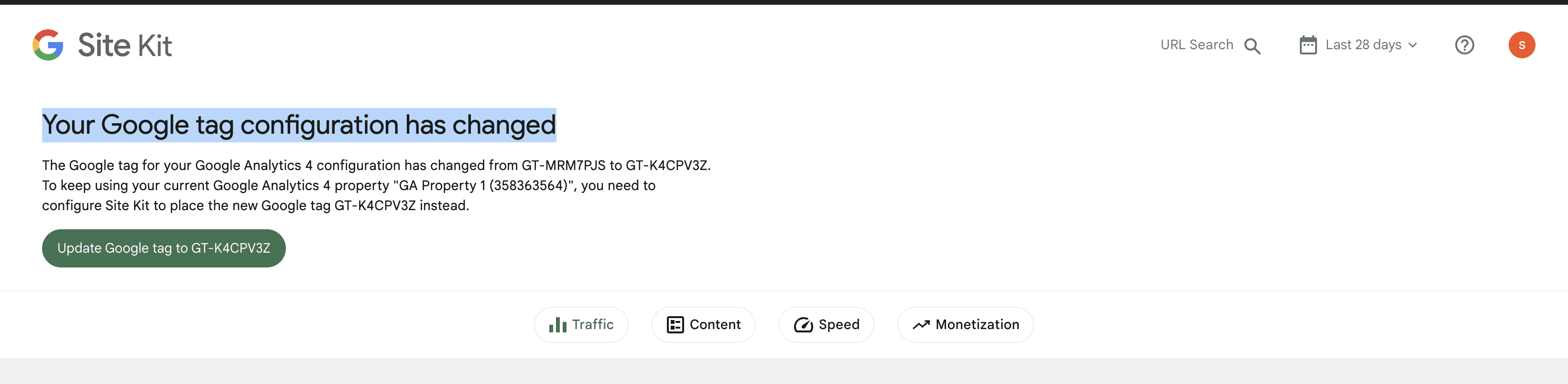 "Your Google tag configuration has changed" banner appears behind the gathering data / zero data ...
