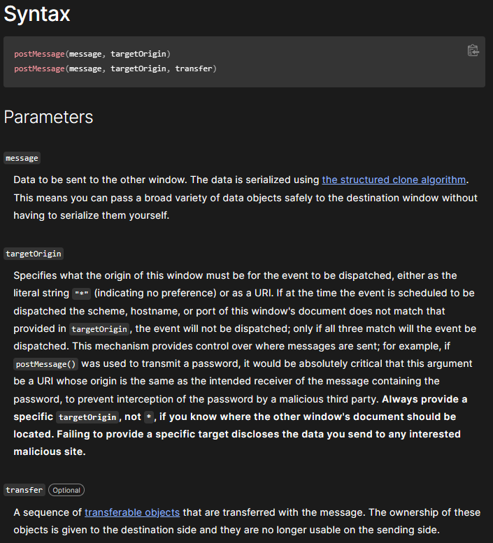 Window.postMessage() missing options parameter · Issue #25342 · mdn/content · GitHub