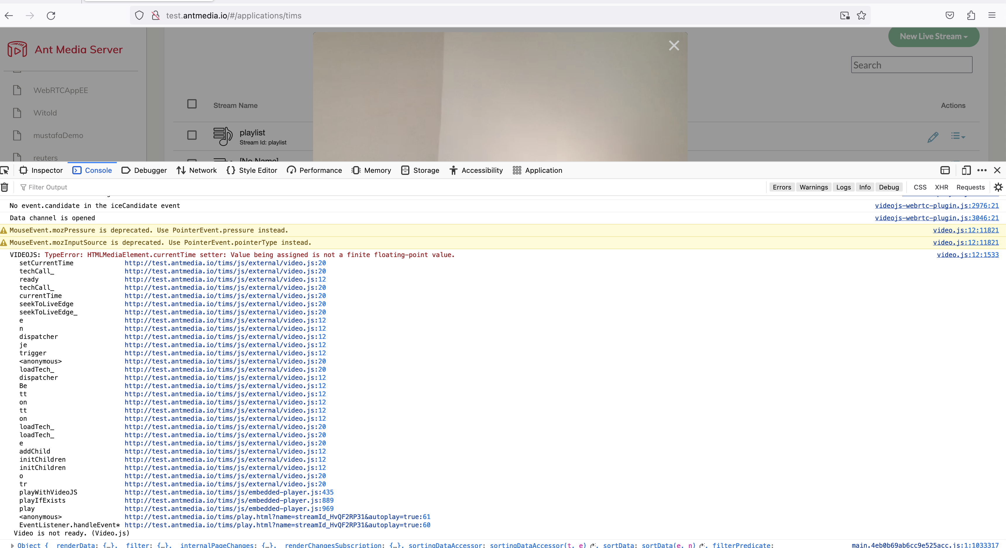 Console error when previewing live stream in web panel using Firefox browser · Issue #5648 · ant ...