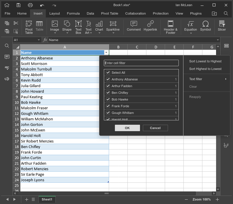 Spreadsheet editor: ALT + DOWN key on filtered column header should ...