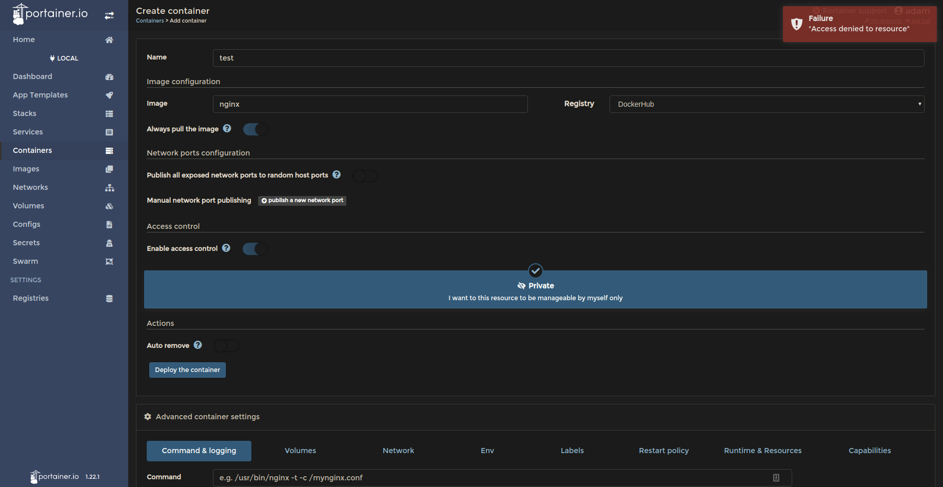Non-admin users access denied on containers create · Issue #3301 · portainer/portainer · GitHub