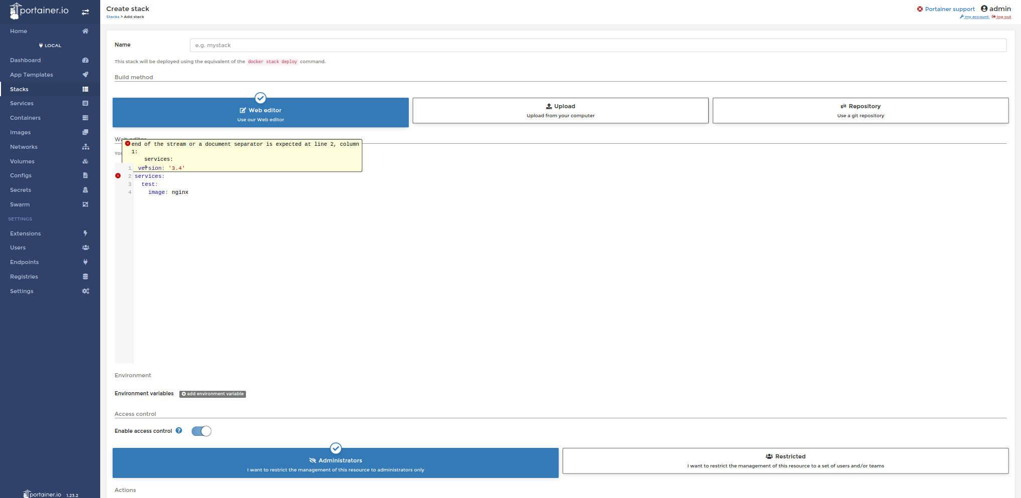 Stack editior syntax error shows behind other elements · Issue #3789 · portainer/portainer · GitHub