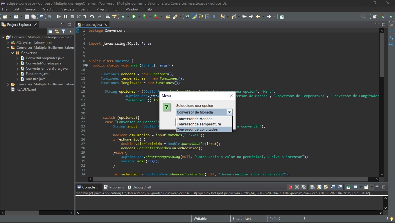 GitHub - williamscolt/ConversorMultiple_challengeOne: Challenge One Conversor