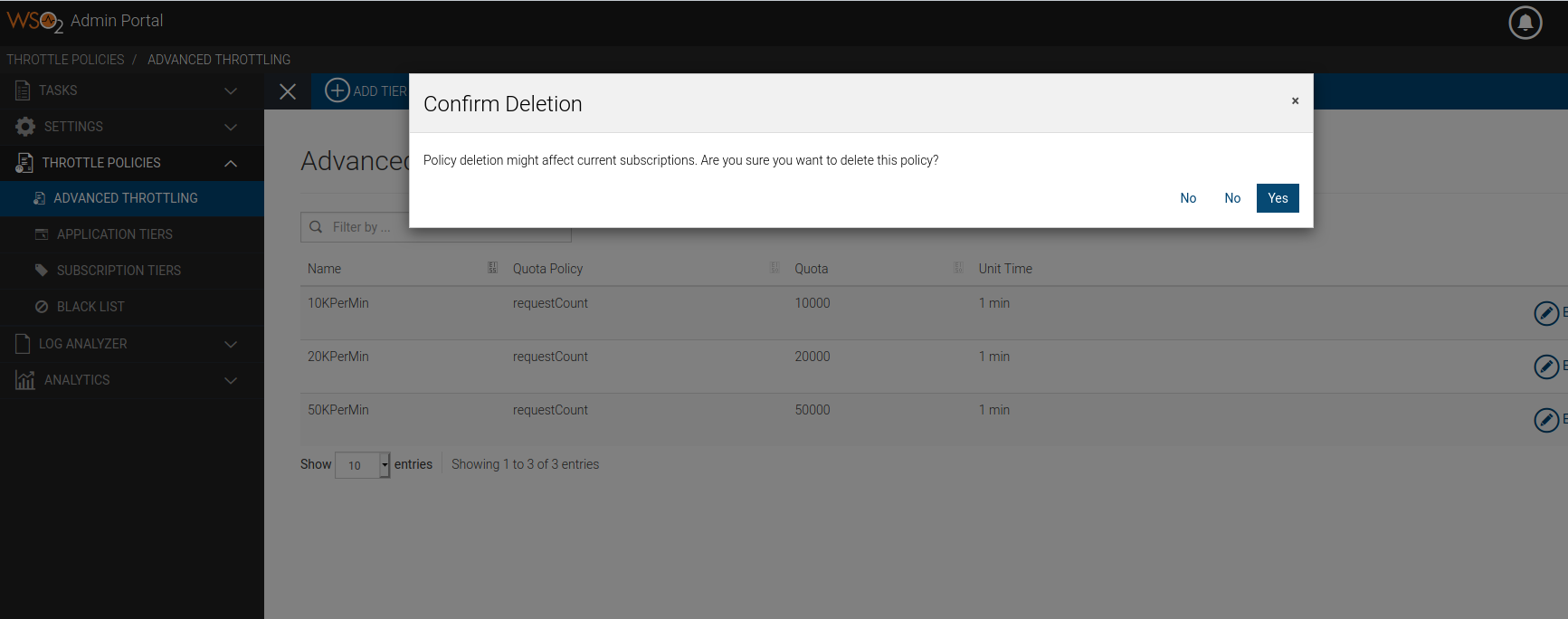 [UI] Throttle Policy deletion dialog box shows two No buttons when ...
