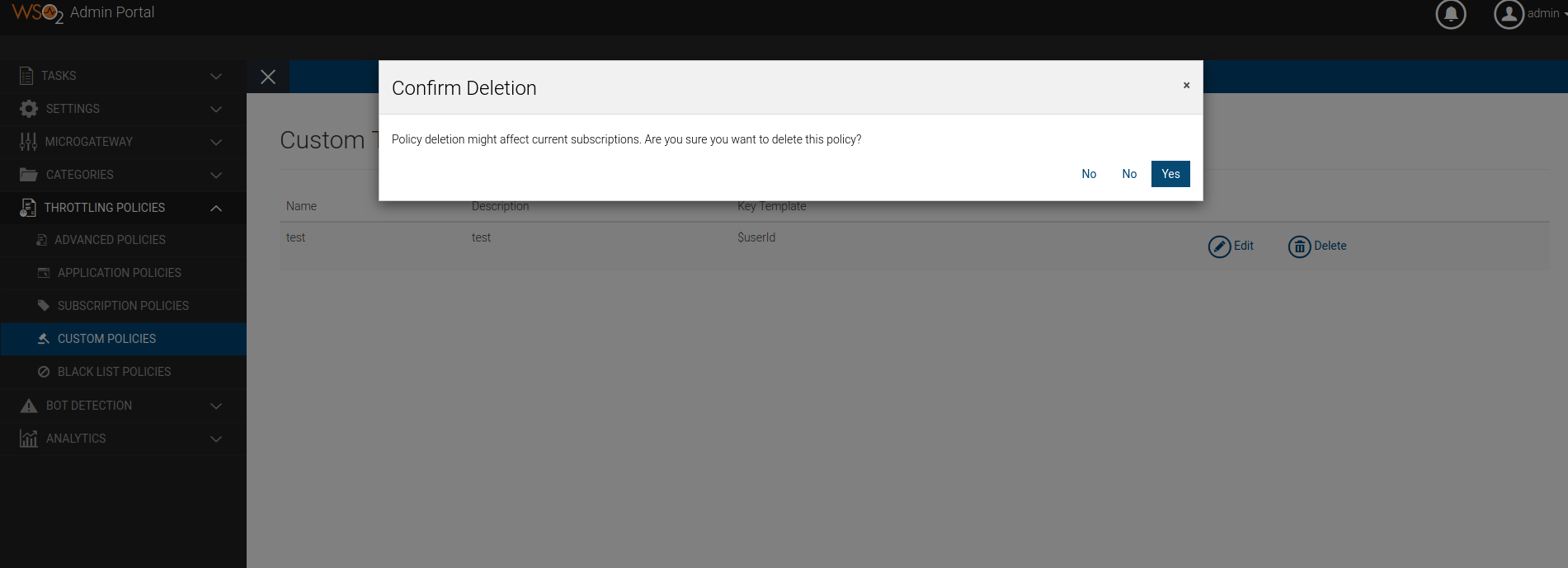 [UI] Throttle Policy deletion dialog box shows two No buttons when trying to delete twice ...