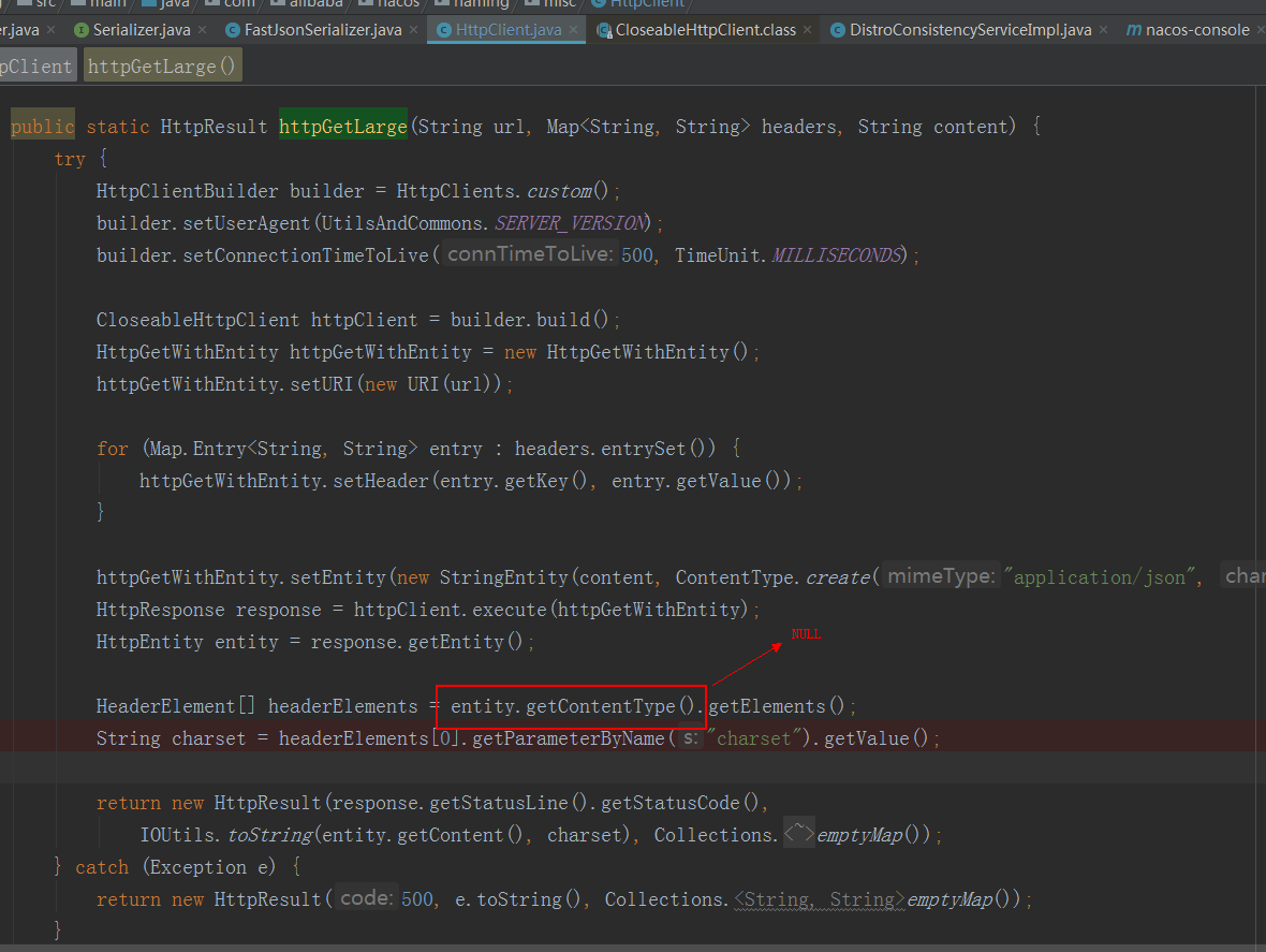 java.lang.NullPointerException for com.alibaba.nacos.naming.misc.HttpClient#httpGetLarge · Issue ...