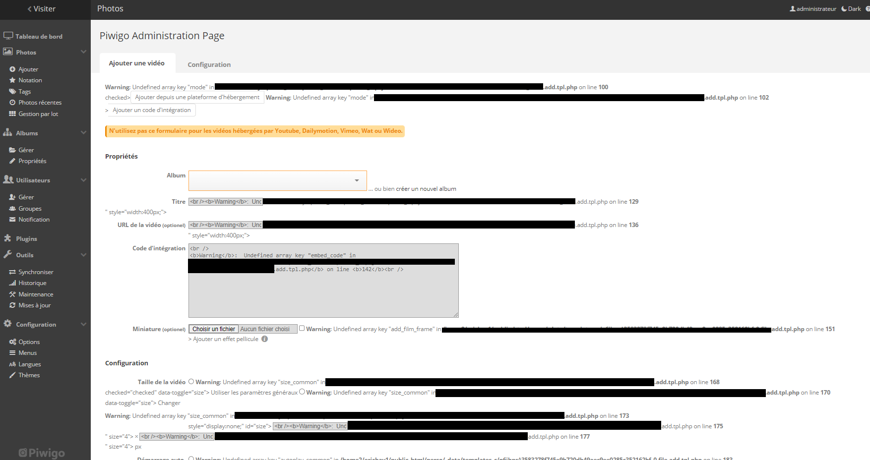 Embedded Videos don't work becaus many warning shown in config page · Issue #18 · Piwigo/Piwigo ...