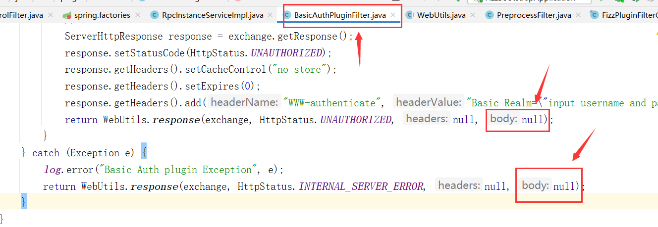 When invoking function WebUtils response in BaseAuthPluginFilter，reporting null pointer error ...