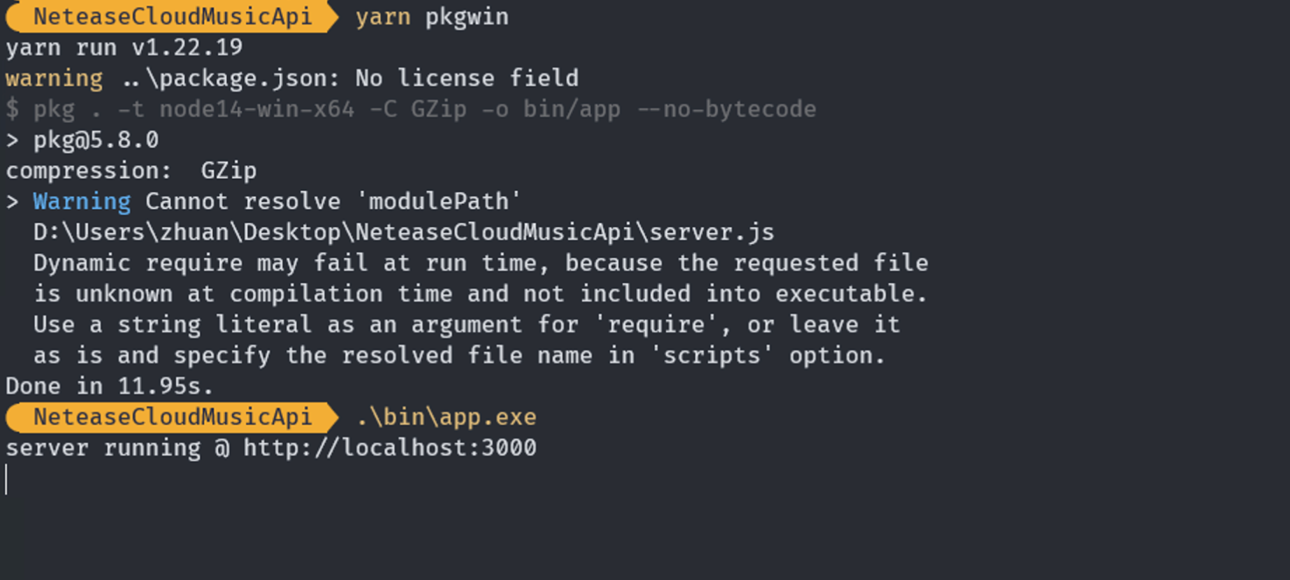 pkg打包报错 · Issue #1742 · Binaryify/NeteaseCloudMusicApi · GitHub