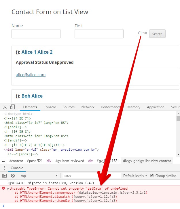 The Clear link from the Search Bar widget generates a JS error if the ...