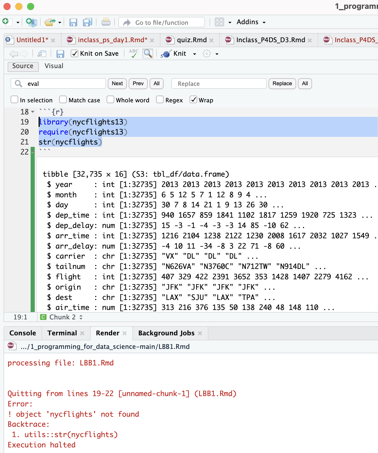 Cannot knit Rmd document as 'Object 'nycflights' not found" although ...