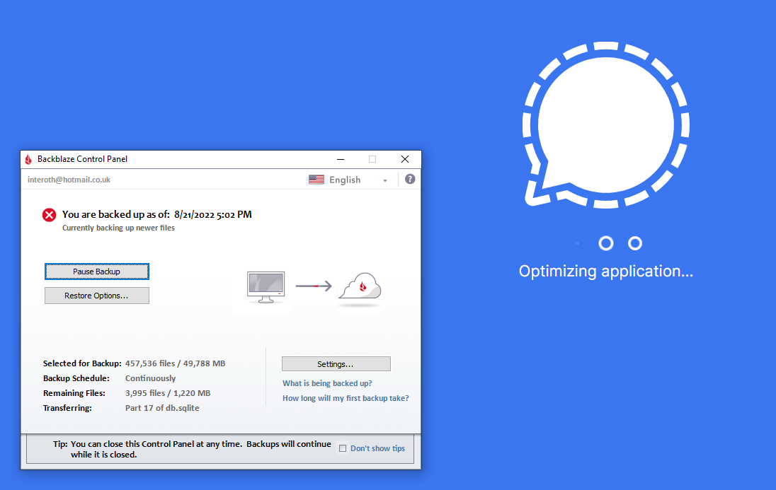 Stuck On Optimizing Application When Backblaze Is Backing Up Dbsqlite · Issue 6172 · Signalapp