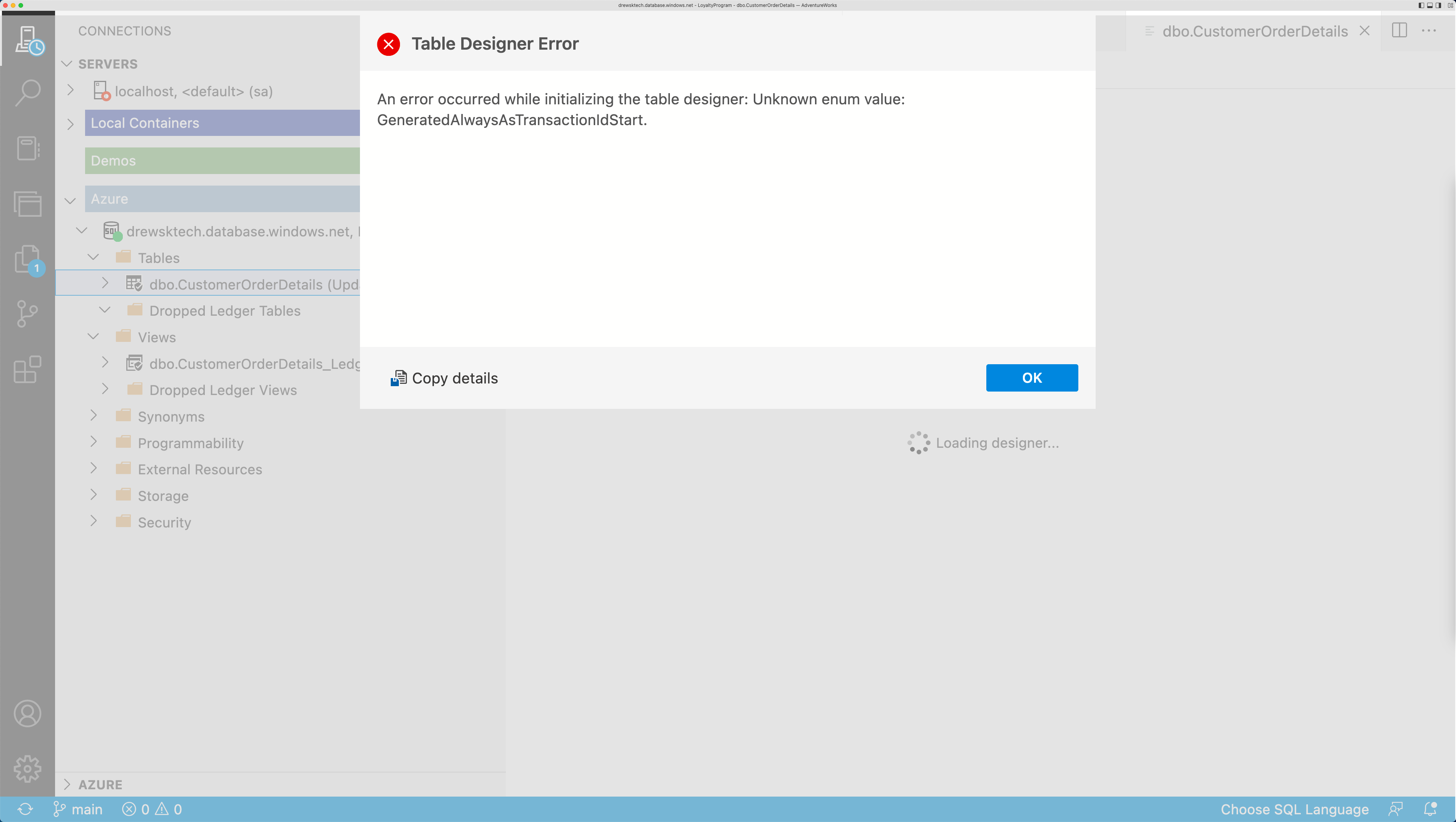 table designer error on Ledger table · Issue #21401 · microsoft/azuredatastudio · GitHub