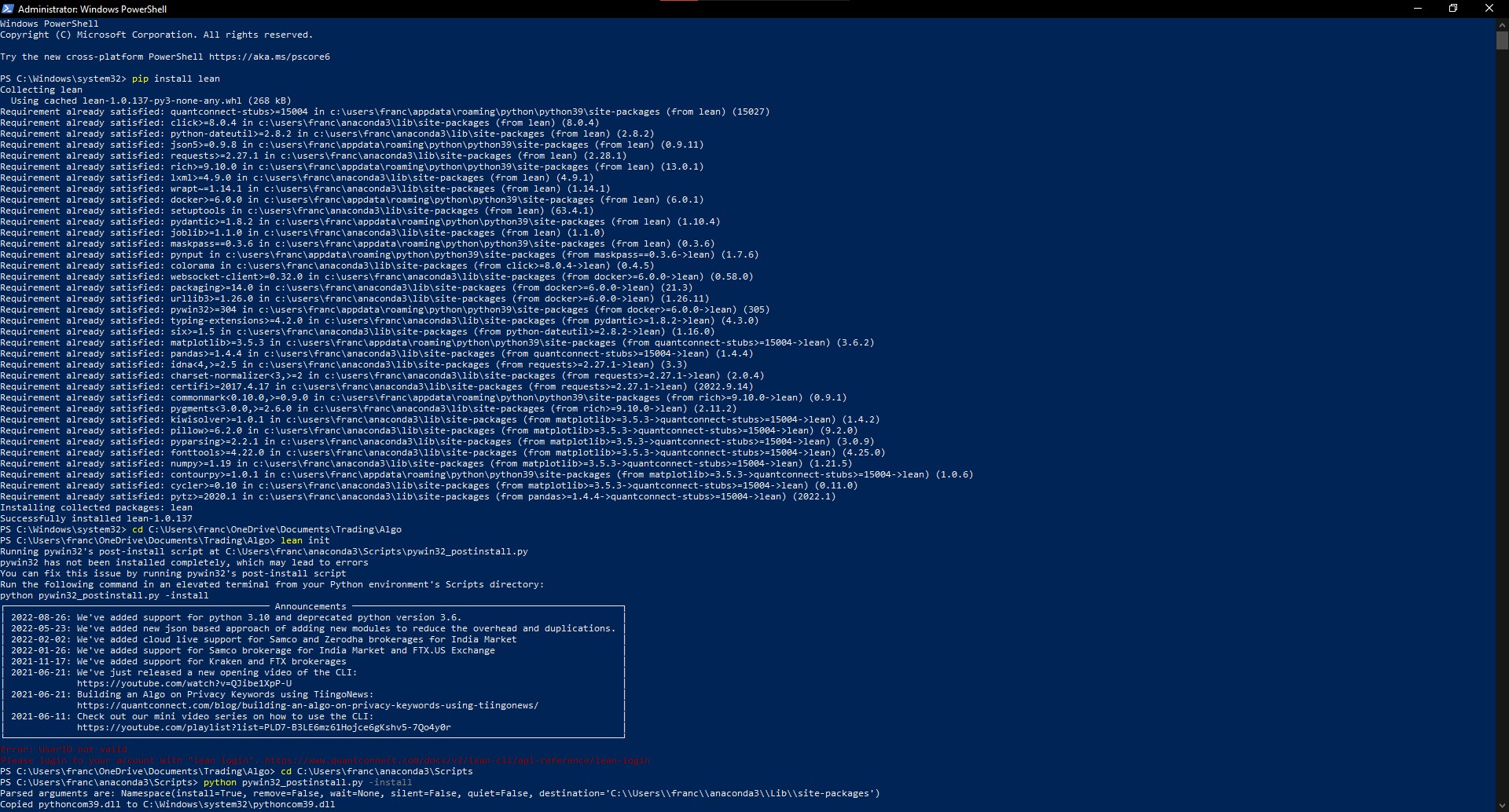 Issue installing LEAN - Help! · Issue #263 · QuantConnect/lean-cli · GitHub