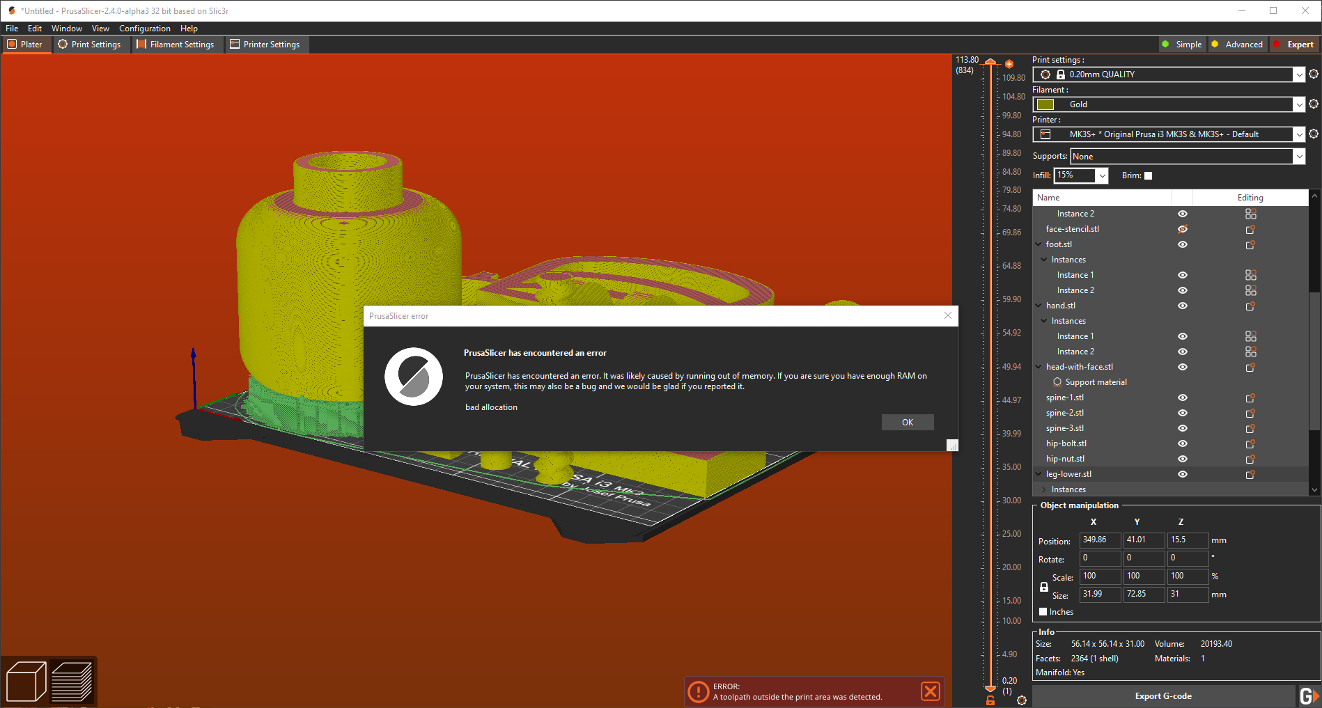 2.4.0 Alpha 3 bad allocation · Issue #7096 · prusa3d/PrusaSlicer · GitHub