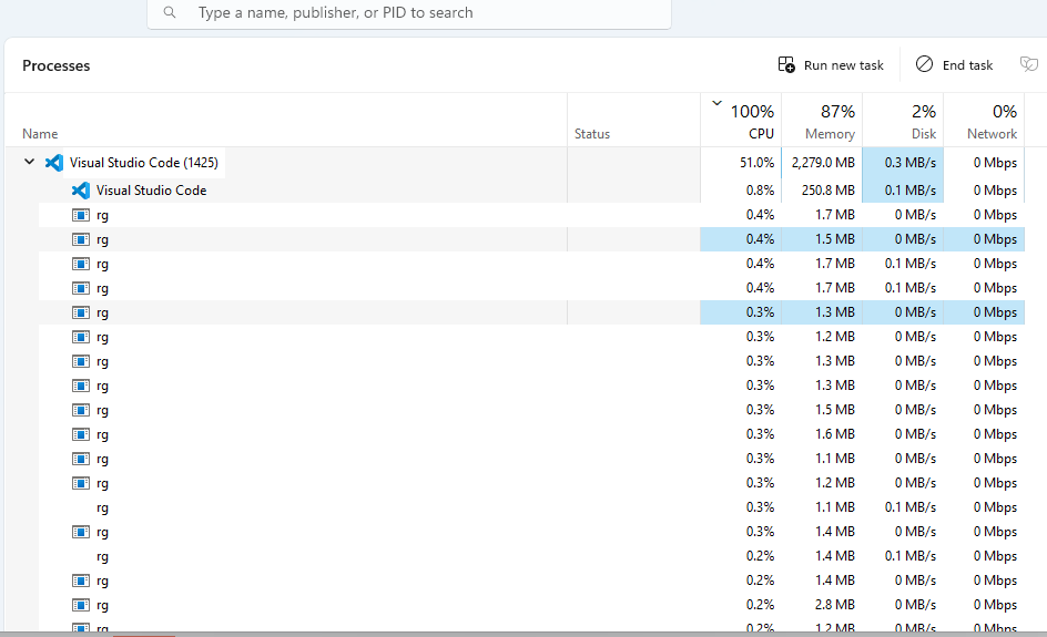 TDP Code extension causes VSCode to consume ~ 50% CPU even when no active usage (no code editing ...