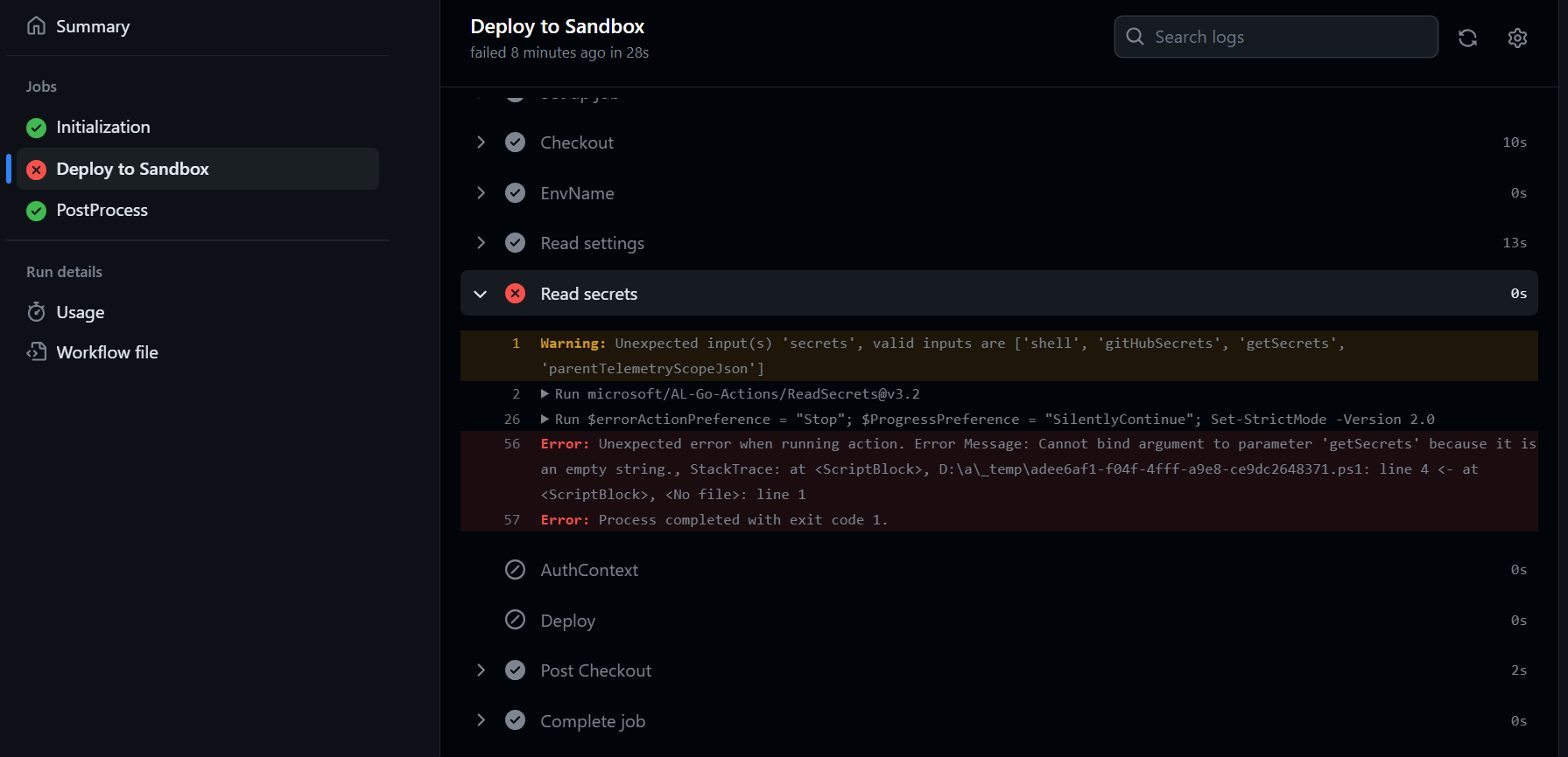 Error @ Read Secrets step · Issue #662 · microsoft/AL-Go · GitHub