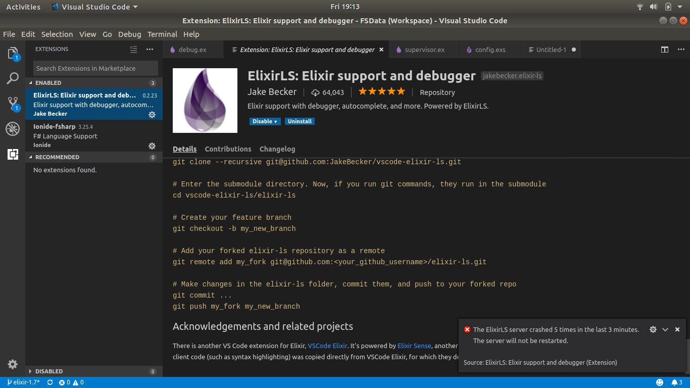 VS Code 1.27.1 startup :: The ElixirLS server crashed 5 times in the ...