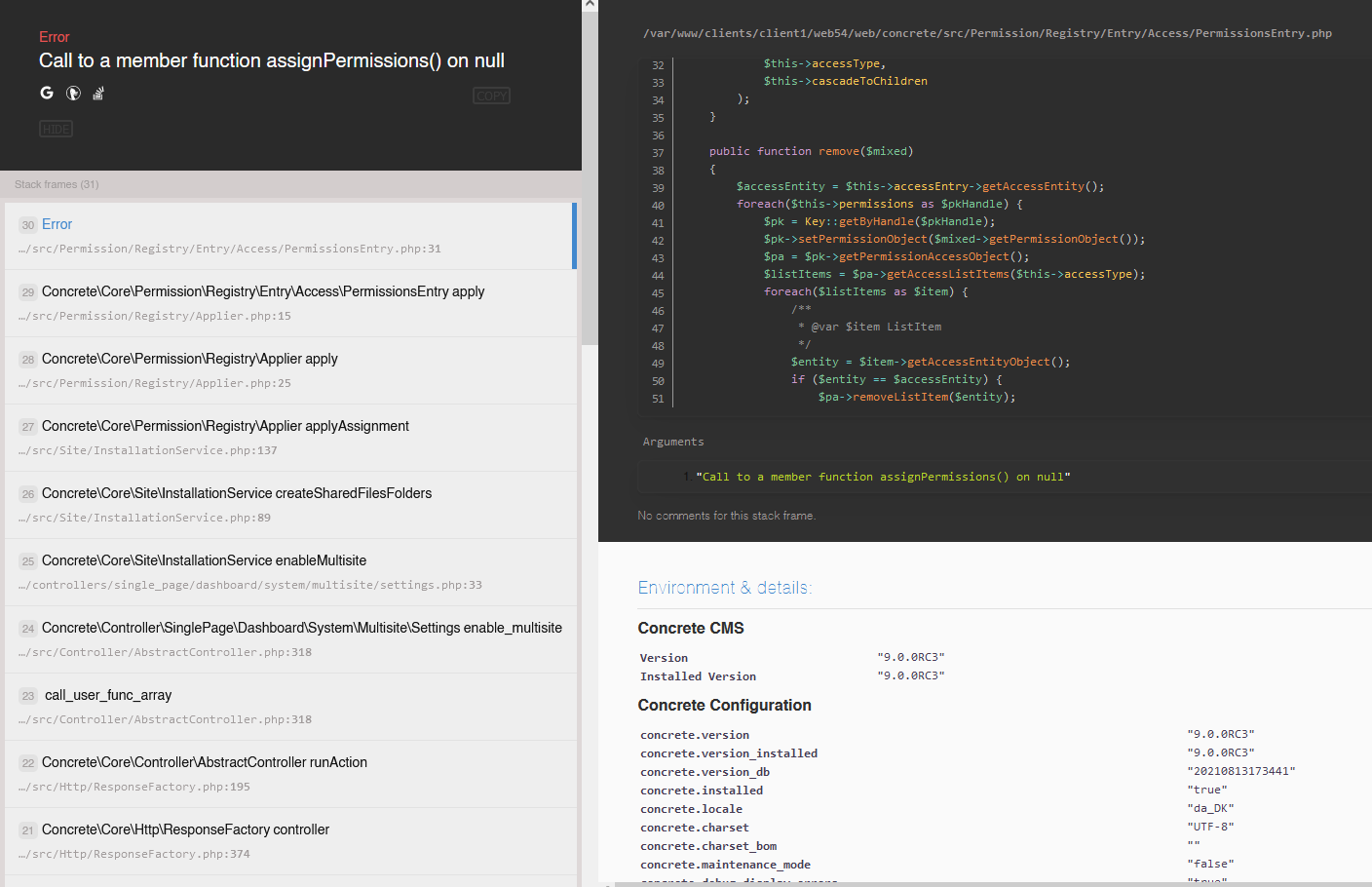 [v9.0.0RC3] MultiSite throwing whoops error when enabelling in danish but not in english user ...